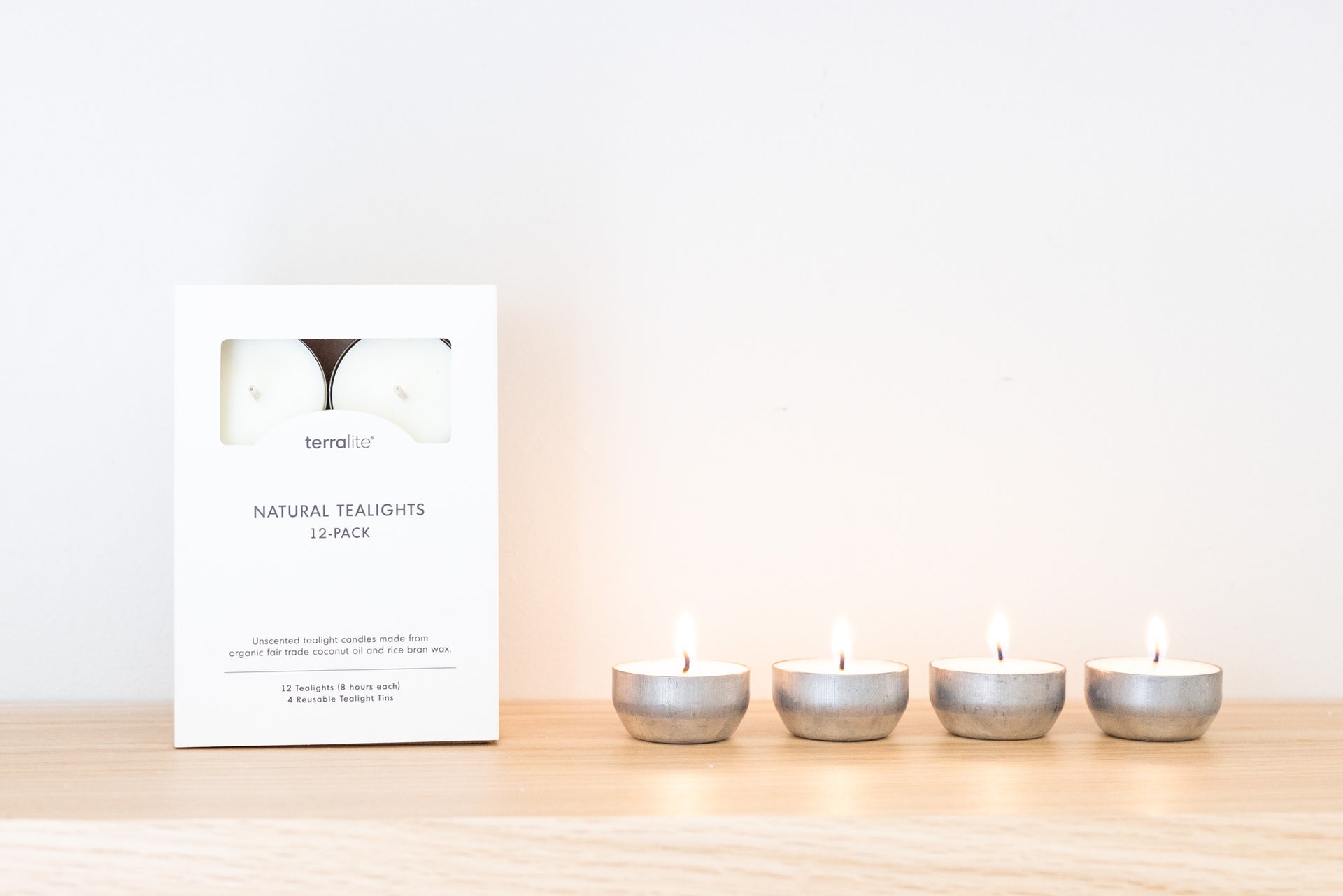 12 Organic Tealights + 4 Reusable Tins – Terralite